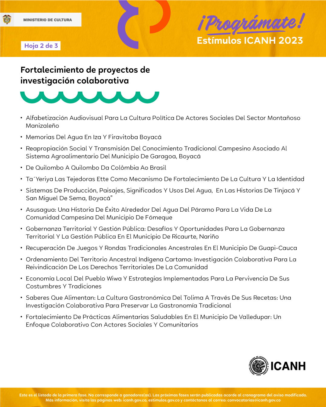 LISTA DE INSCRITOS PRIMERA ETAPA – Estímulos ICANH