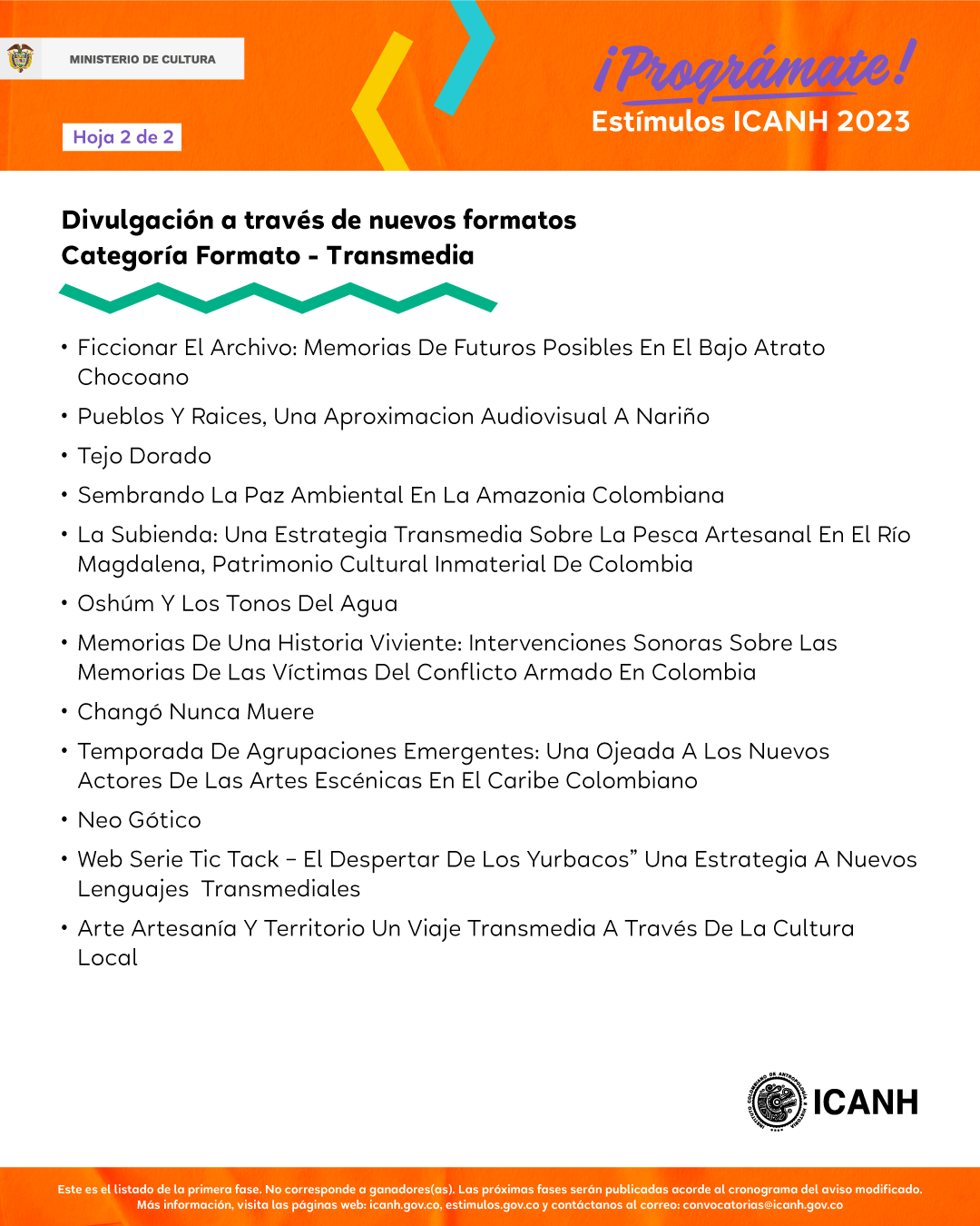 LISTA DE INSCRITOS PRIMERA ETAPA – Estímulos ICANH