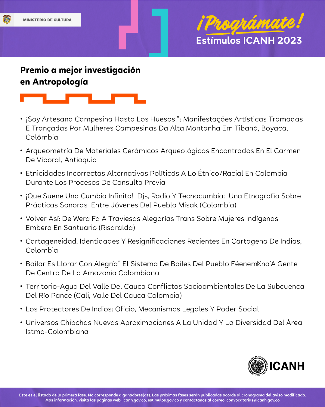 LISTA DE INSCRITOS PRIMERA ETAPA – Estímulos ICANH