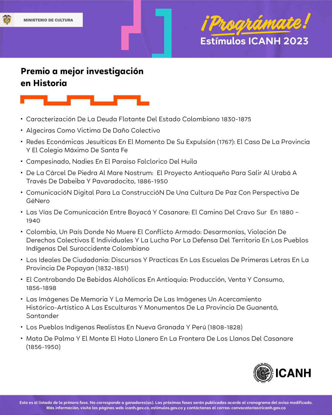 LISTA DE INSCRITOS PRIMERA ETAPA – Estímulos ICANH