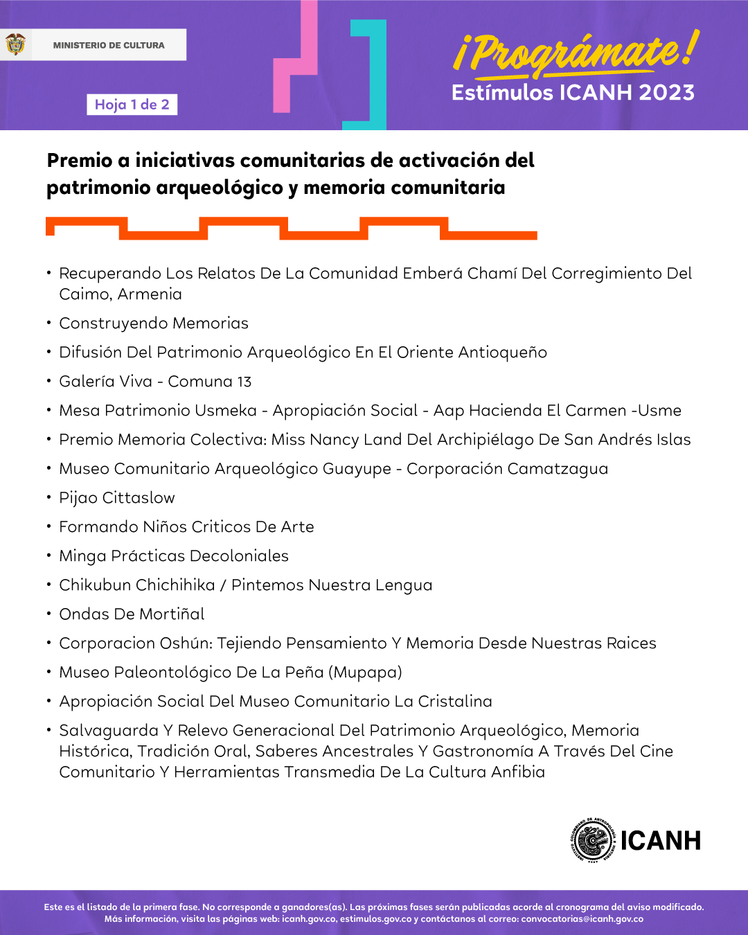 LISTA DE INSCRITOS PRIMERA ETAPA – Estímulos ICANH
